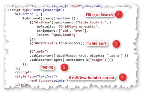gridview filtering sorting paging and export to csv using jquery