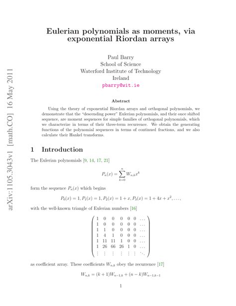 pdf eulerian polynomials as moments via exponential riordan arrays