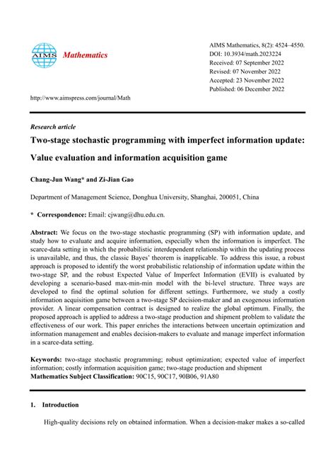 pdf two stage stochastic programming with imperfect information update value evaluation and
