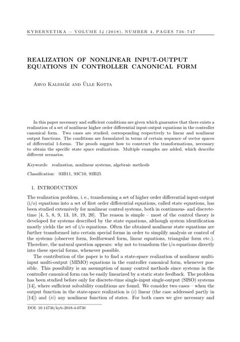 pdf realization of nonlinear input output equations in controller canonical form