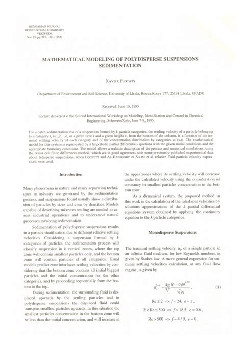 pdf mathematical modeling of polydisperse suspension sedimentation
