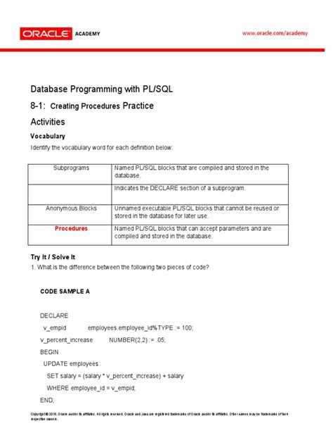 database programming with pl sql 8 1 practice activities creating procedures download free
