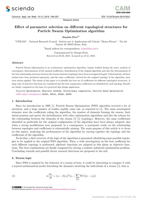 pdf effect of parameter selection on different topological structures for particle swarm