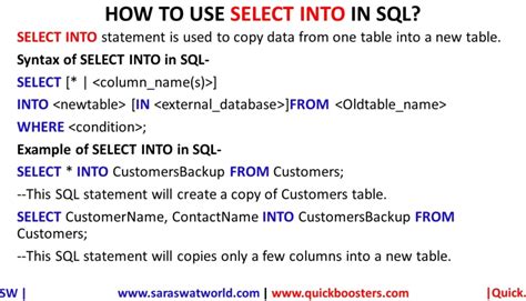HOW TO USE SELECT INTO IN SQL Saraswat World Source Of Knowledge