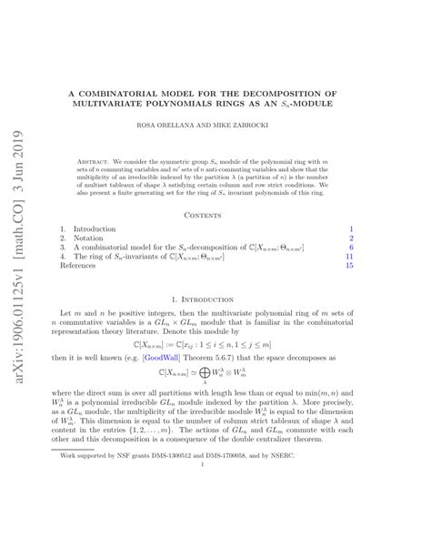 pdf a combinatorial model for the decomposition of multivariate polynomials rings as an s n
