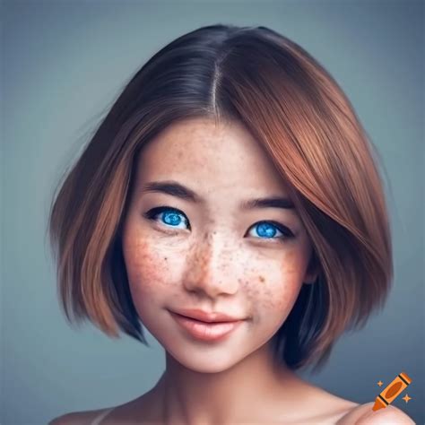 Portrait Of A Beautiful Young Woman With Freckles And Blue Eyes