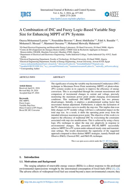 pdf a combination of inc and fuzzy logic based variable step size for enhancing mppt of pv systems