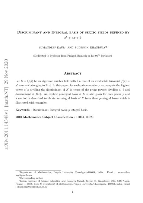 pdf discriminant and integral basis of sextic fields defined by x 6 ax b