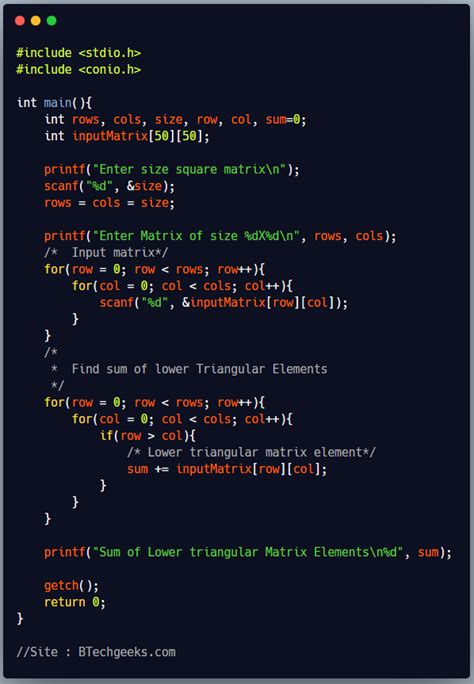 c program to find sum of all lower triangular matrix elements btech geeks