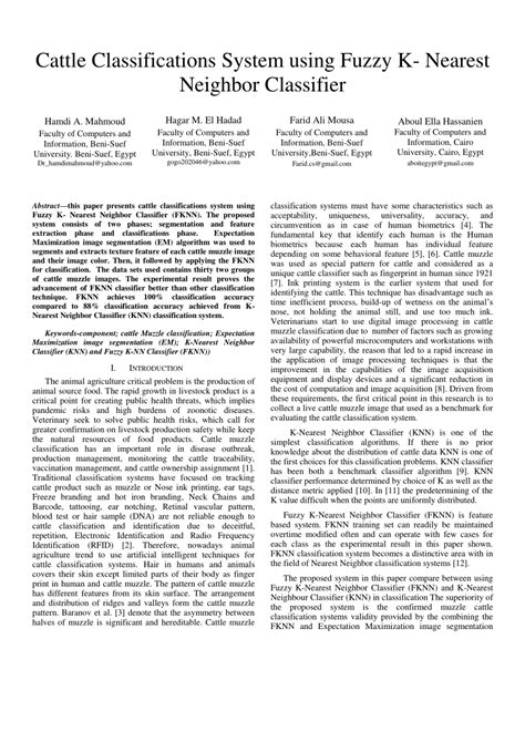 pdf cattle classifications system using fuzzy k nearest neighbor classifier