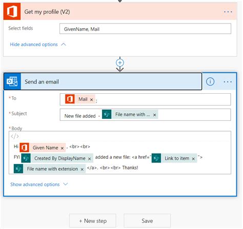 microsoft flow or powerautomate example send a customized email when a new file is added
