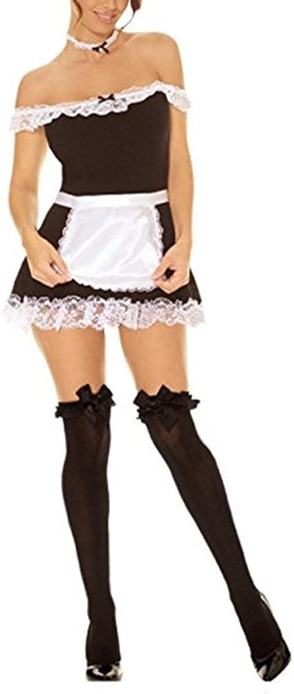 French Maid Costume Sexy 4 Pieces Dress Apron Head And Neck Pieces Clothing