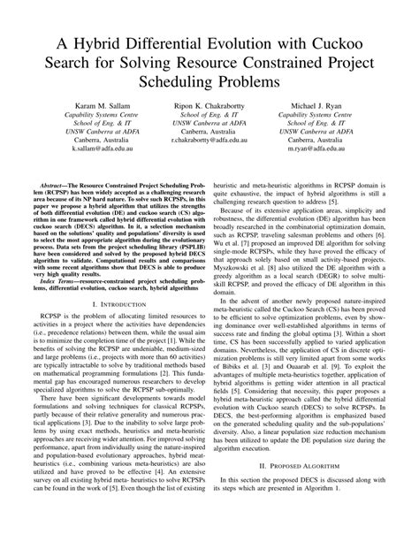 pdf a hybrid differential evolution with cuckoo search for solving resource constrained