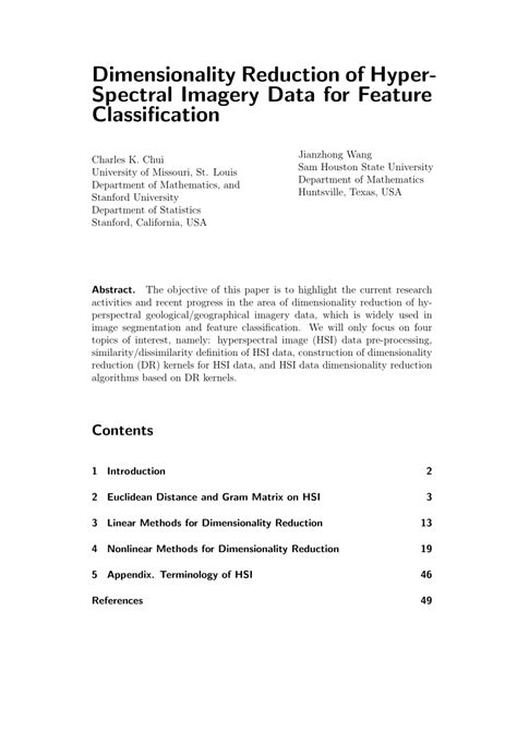 pdf dimensionality reduction of hyper spectral imagery data for feature classification