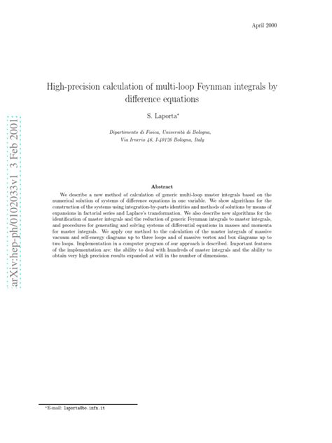 high precision calculation of multi loop feynman integrals by difference equations pdf