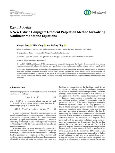 pdf a new hybrid conjugate gradient projection method for solving nonlinear monotone equations
