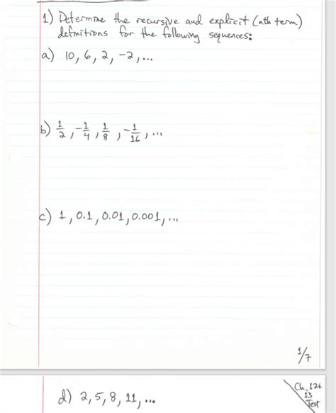 solved 1 determine the recursive and explicit nth term