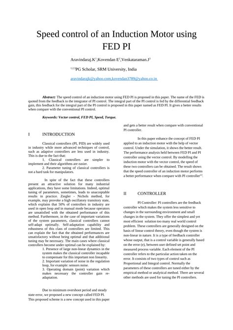 pdf speed control of an induction motor using fed pi