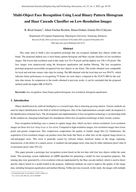 pdf multi object face recognition using local binary pattern histogram and haar cascade