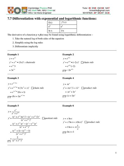 7 7 differentiation with exponential and logarithmic functions pdf derivative subtraction