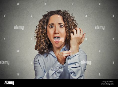 Reality Check Gesture Portrait Surprised Woman Pinching Her Arm Skin Is This A Dream For Real