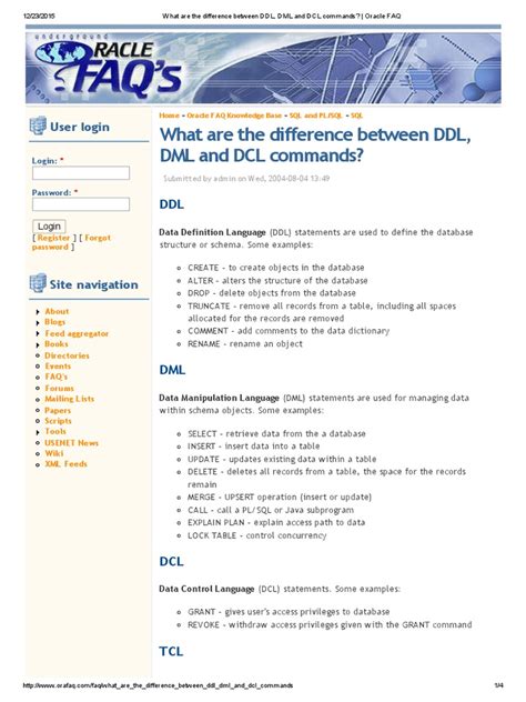 what are the difference between ddl dml and dcl commands oracle faq pdf sql databases