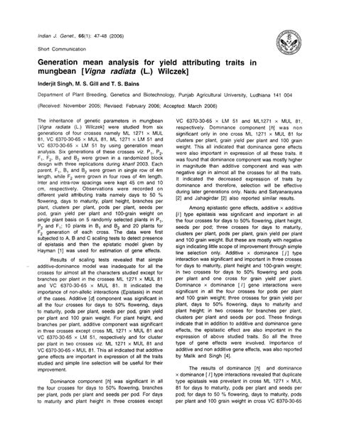 pdf generation mean analysis for yield attributing traits in mungbean [vigna radiata l wilczek]