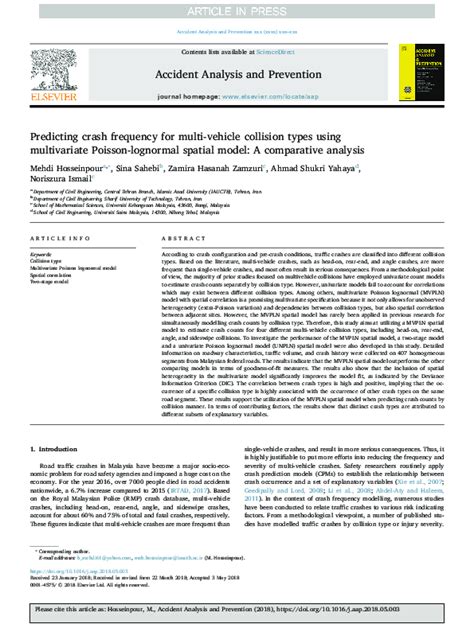 pdf predicting crash frequency for multi vehicle collision types using multivariate poisson