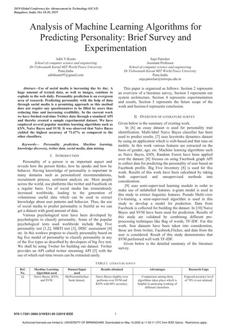pdf analysis of machine learning algorithms for predicting personality brief survey and