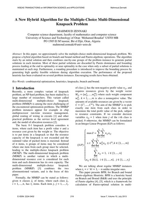 pdf a new hybrid algorithm for the multiple choice multi dimensional knapsack problem