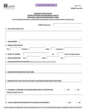 Fillable Online Protocol Deviation Reporting Form Centre For