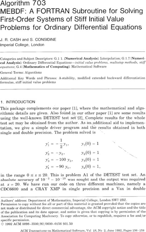 algorithm 703 mebdf a fortran subroutine for solving first order systems of stiff initial