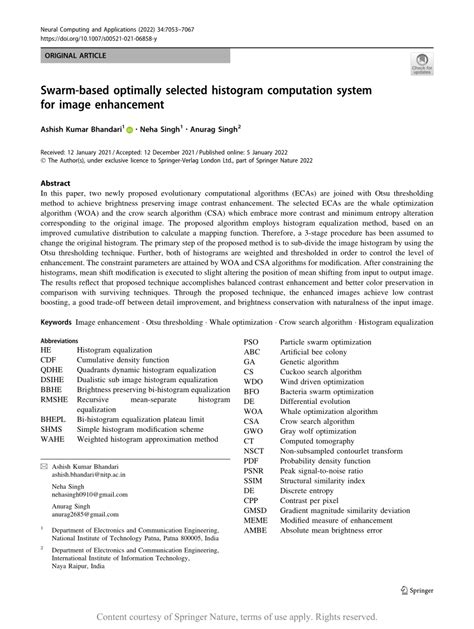 swarm based optimally selected histogram computation system for image enhancement request pdf