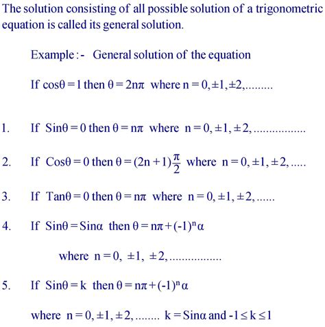 General Solution Of Trigonometric Equations Formula In Maths
