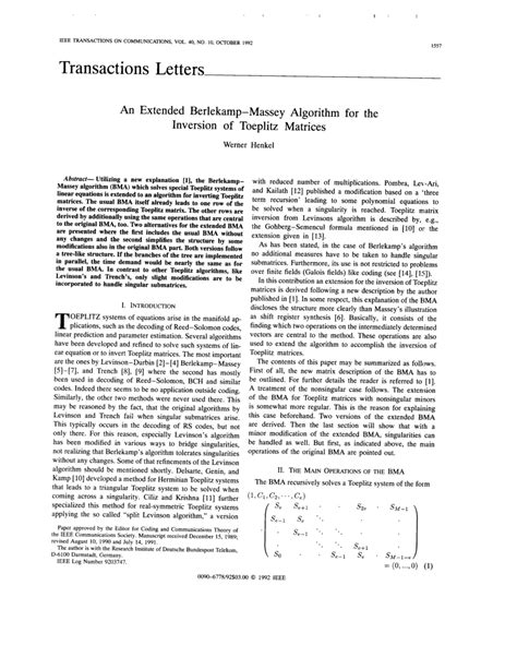 pdf an extended berlekamp massey algorithm for the inversion of toeplitz matrices