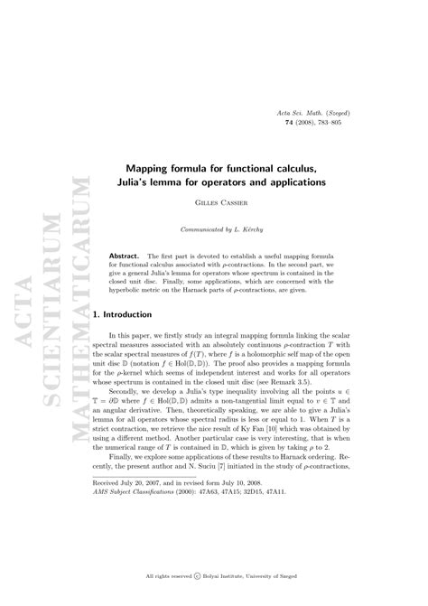 pdf mapping formula for functional calculus julia s lemma for operators and applications