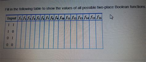 fill in the following table to show the values of all
