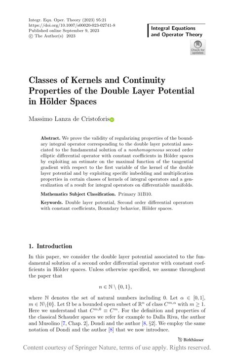 pdf classes of kernels and continuity properties of the double layer potential in hölder spaces