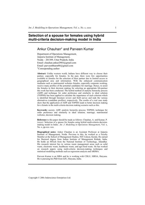 pdf selection of a spouse for females using hybrid multi criteria decision making model in india
