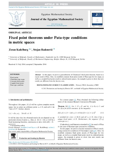 pdf fixed point theorems under pata type conditions in metric spaces stojan radenovic