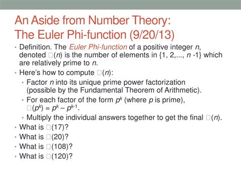 ppt an aside from number theory the euler phi function 9 20 13 powerpoint presentation id