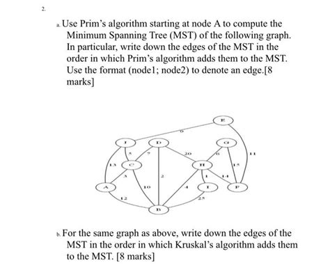 solved 2 a use prim s algorithm starting at node a to