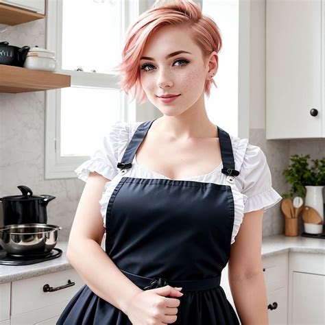 A Closeup Portrait Of A Playful Maid Wearing Apron In The Kitchen