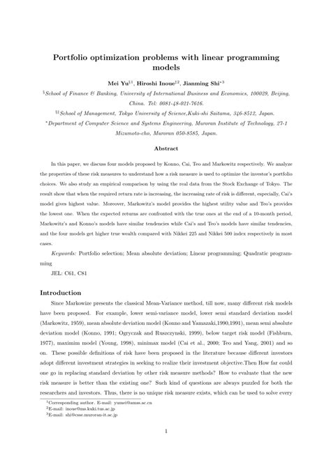pdf portfolio optimization problems with linear programming models