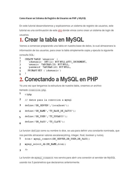 como hacer un sistema de registro de usuarios en php y mysql pdf tabla base de datos mi sql