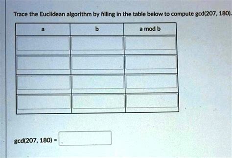solved trace the euclidean algorithm by filling in the table below to compute gcd 207 180
