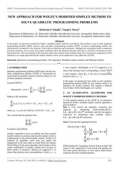 new approach for wolfe s modified simplex method to solve quadratic programming problems pdf
