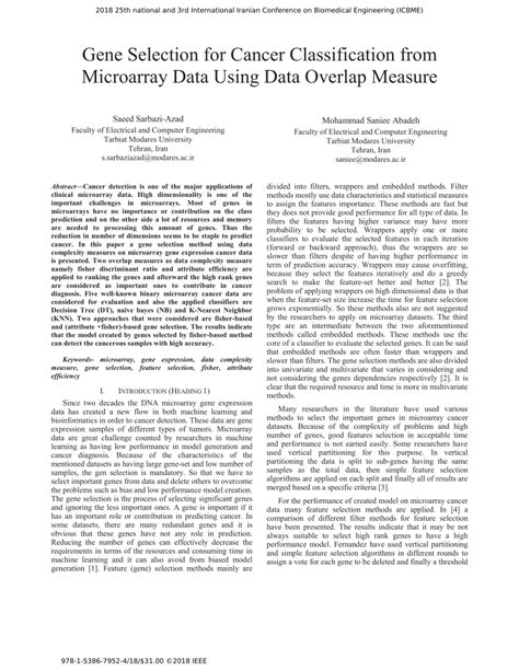pdf gene selection for cancer classification from microarray data using data overlap measure