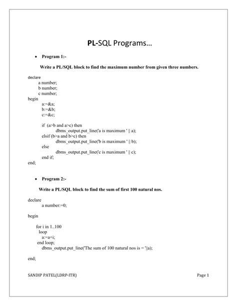 pl sql programs… program 1 write a pl sql block to find the