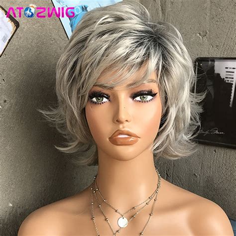 Short Platinum Blonde Pixie Cut Wigs For White Women Ombre Blonde Synthetic Hair Fluffy Layered